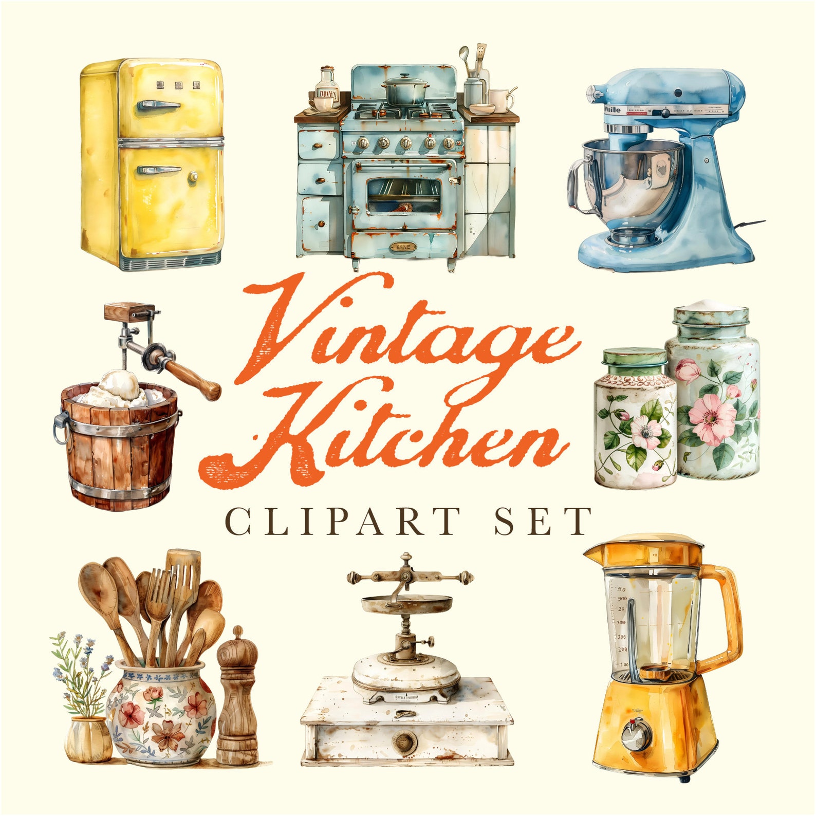 Vintage Kitchen Appliances Clipart Set, Watercolor Antique Appliances ...