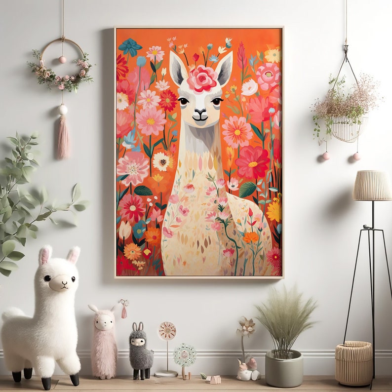 Whimsical Llama Art Print, Boho Floral Llama, Llama Printable Decor ...