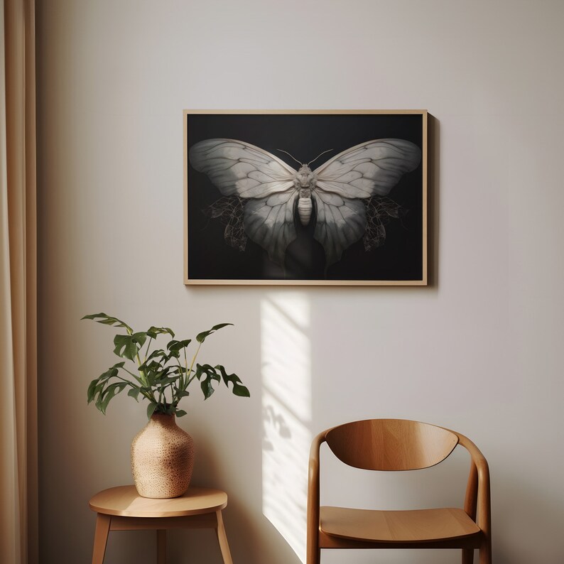 White Moth Art Print on Black Background, Striking Monochrome Insect ...