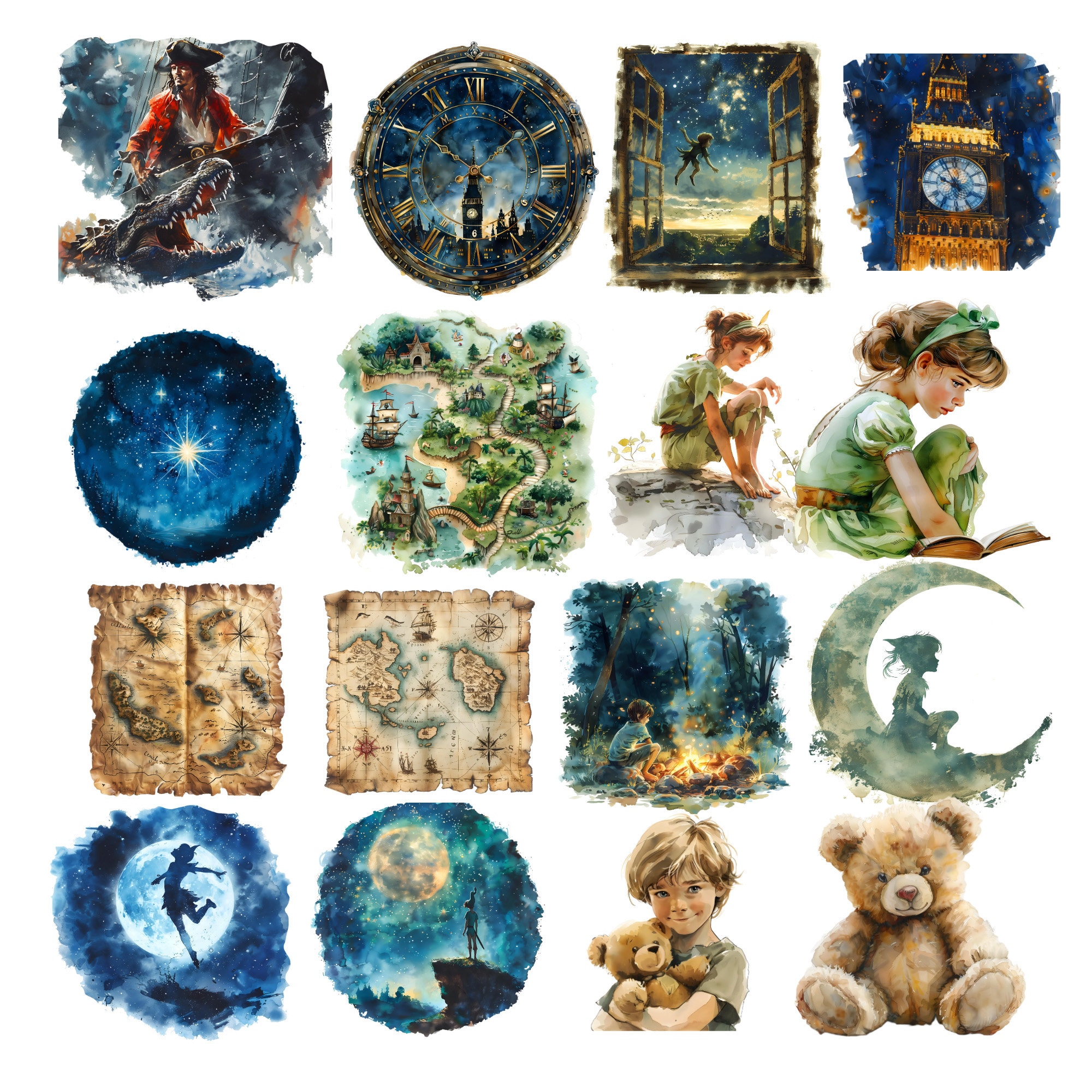 Peter Pan Watercolor Clipart, Neverland Digital Art, J M Barrie, Lost ...