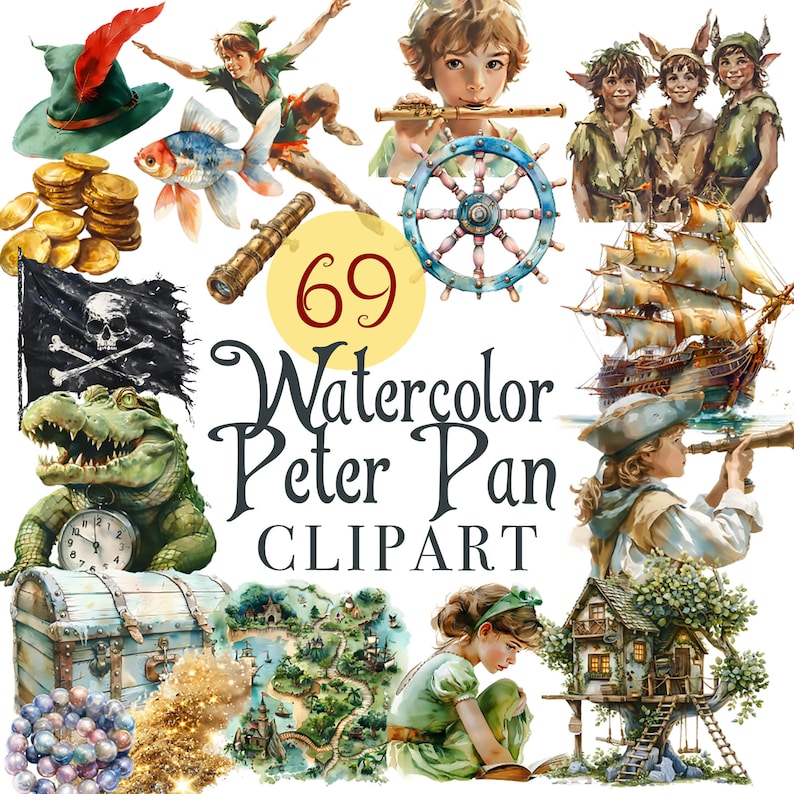 Peter Pan Watercolor Clipart, Neverland Digital Art, J M Barrie, Lost ...