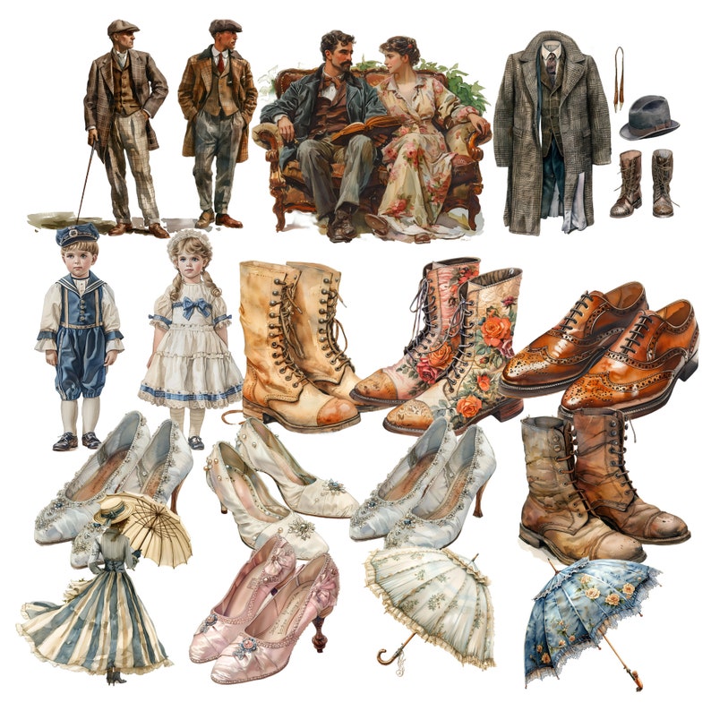 Edwardian Elegance Fashion Watercolor Clipart Set, Vintage Clothing and ...