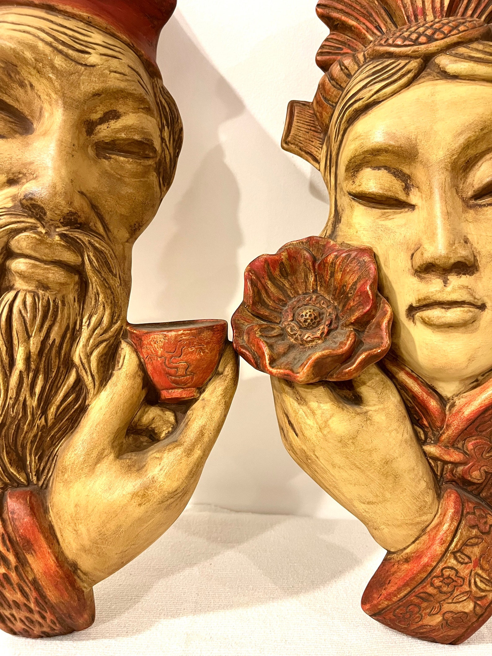 Asian Man and Woman Ceramic Wall Plaques, Oriental Couple Hanging Chinoiseries, Wise Asian Elder ...