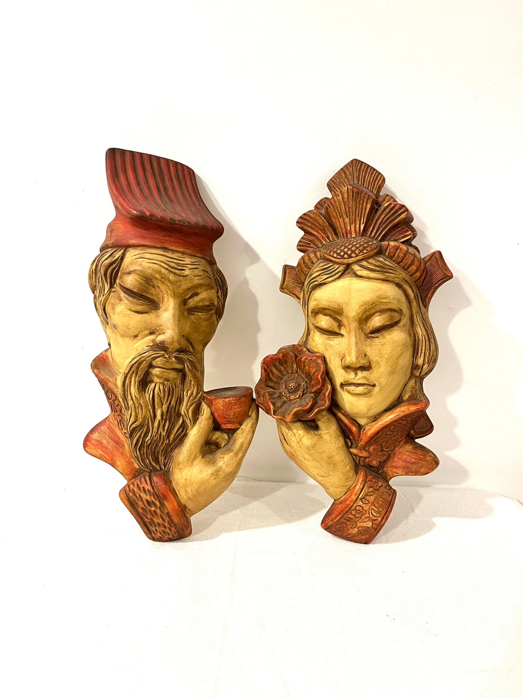 Asian Man and Woman Ceramic Wall Plaques, Oriental Couple Hanging ...