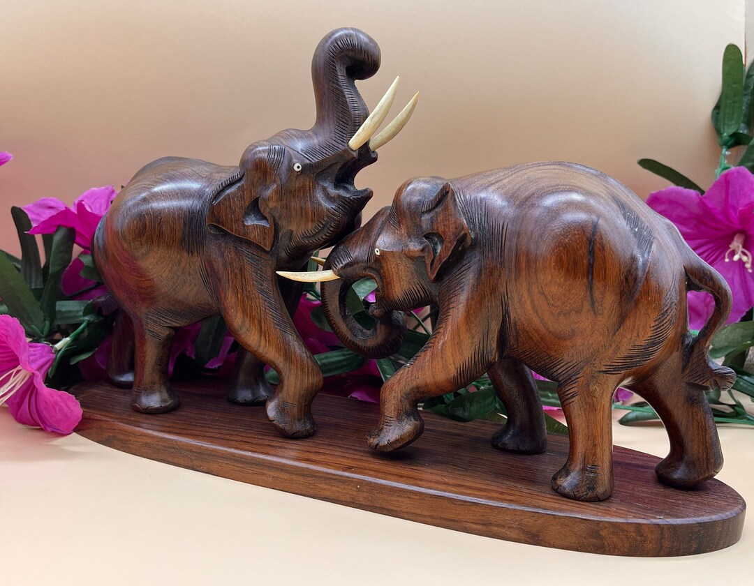 Fighting Elephants, Fighting Elephants Exotic Teak Wood Sculpture ...