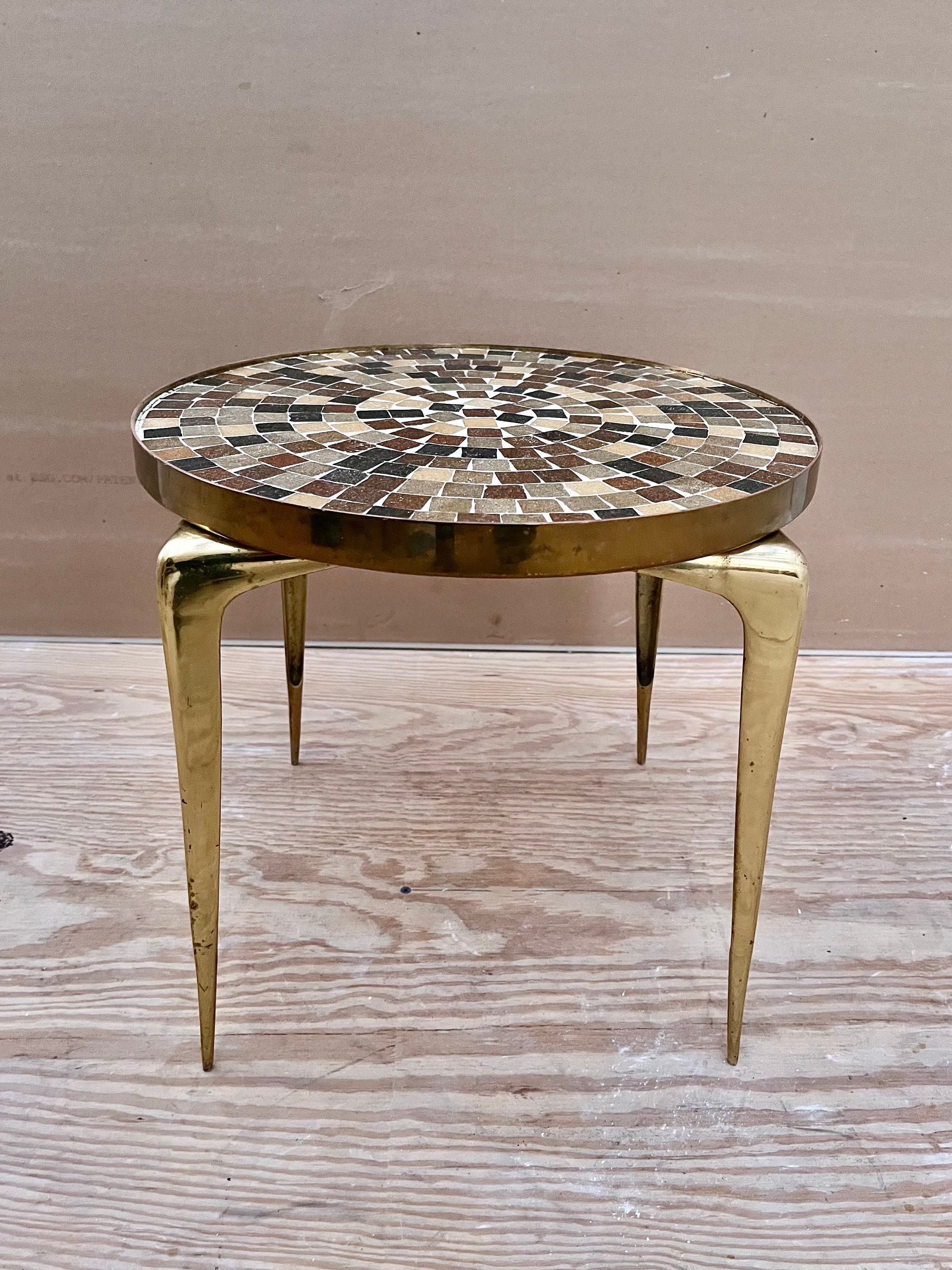 Mosaic Tile and Brass Accent Table Round Japanese End Table Vintage Home Decor House Warming Wedding Gift Earth Tone Furnishing Etsy