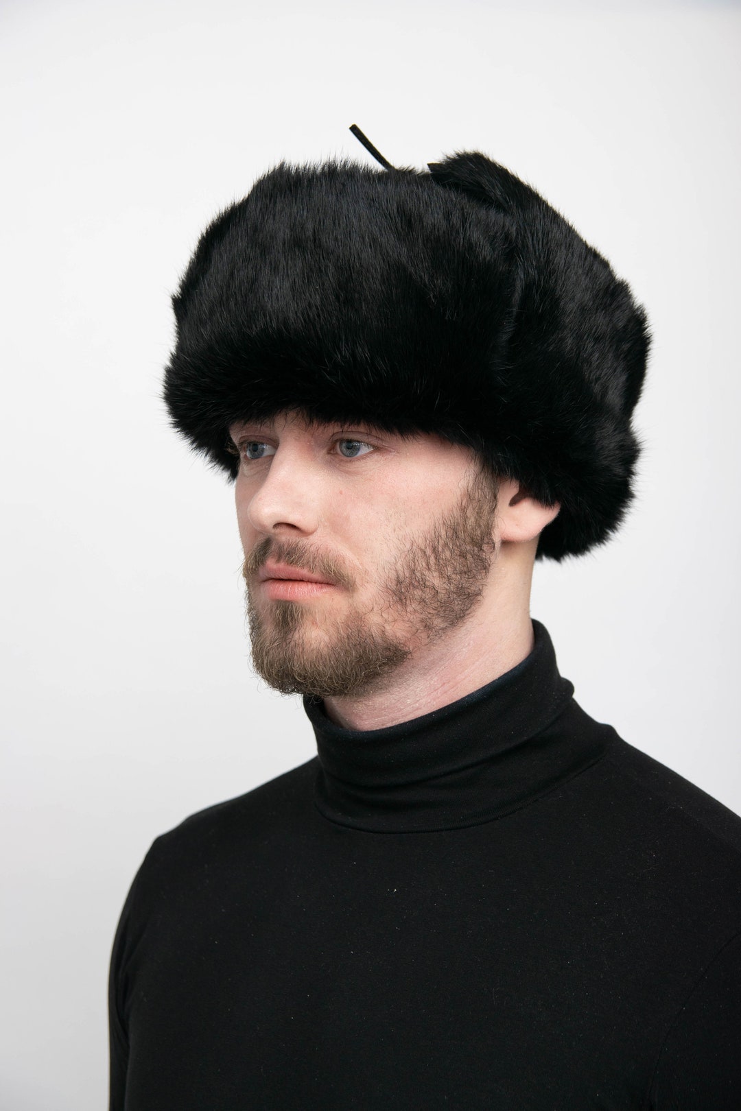 Men's Natural Black Rabbit Full Fur Ushanka Hat. High Quality - Etsy