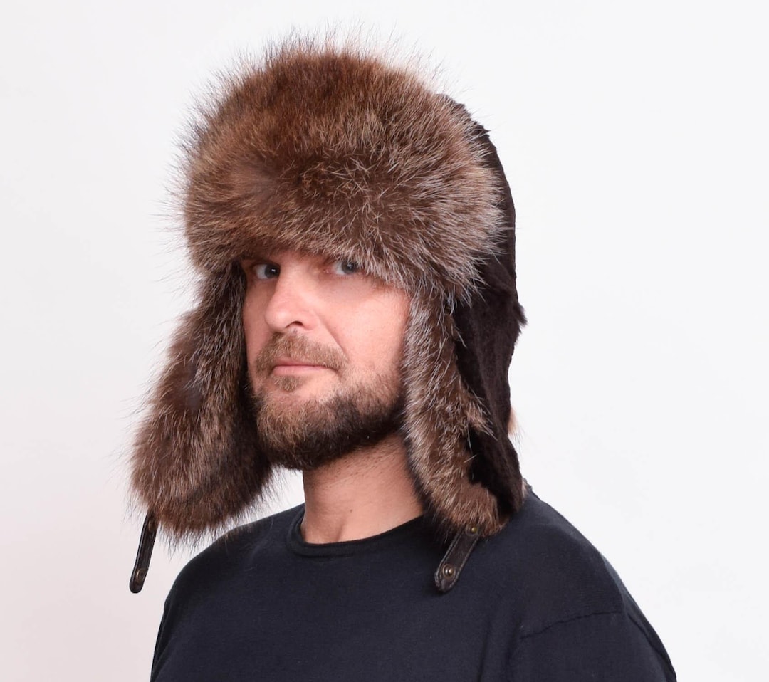 Men's Brown Rabbit & Raccoon Full Fur Trapper Hat - Etsy