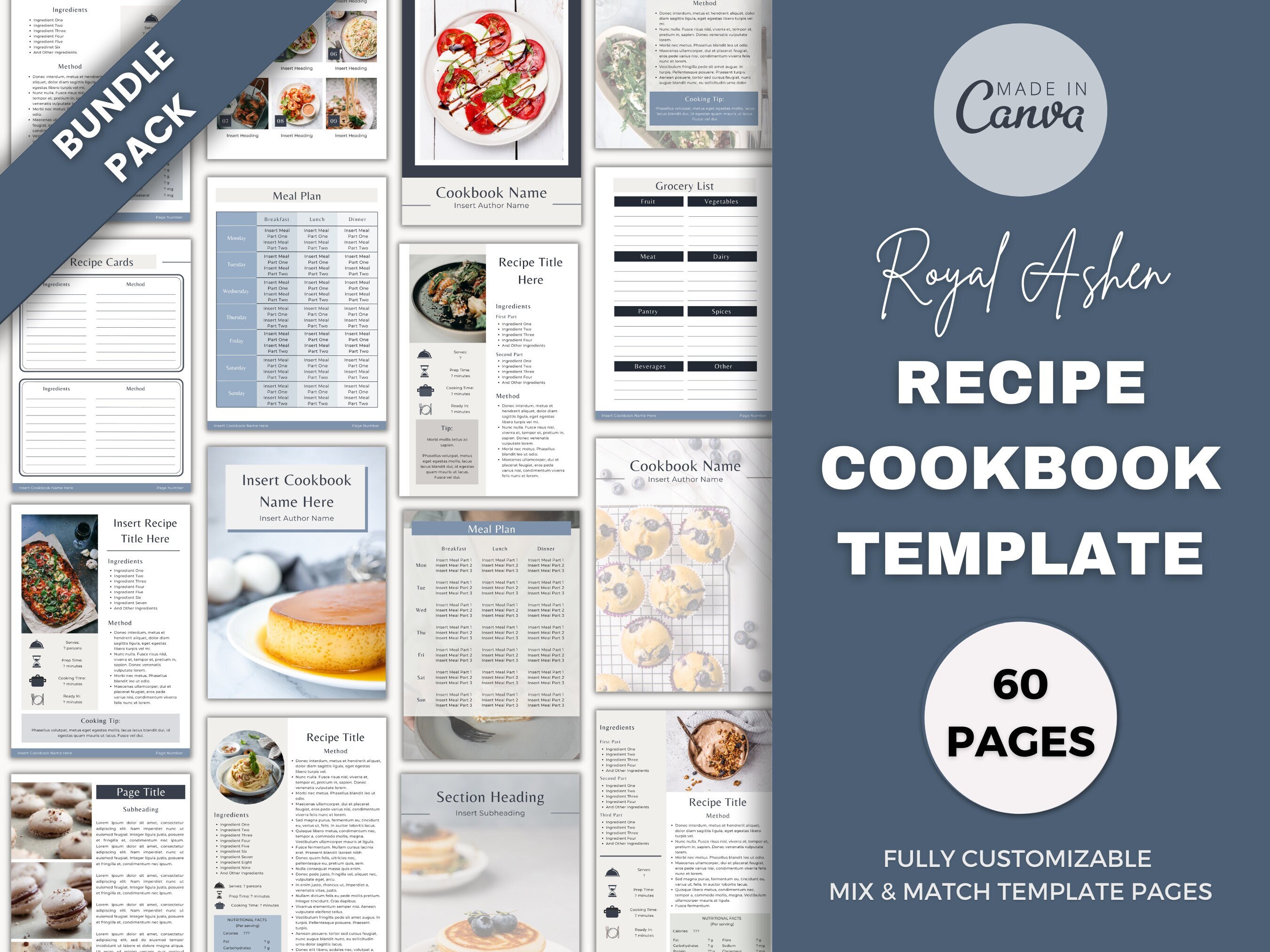 Recipe Cookbook Template | Editable Canva Cookbook | 60 Page Recipe ...