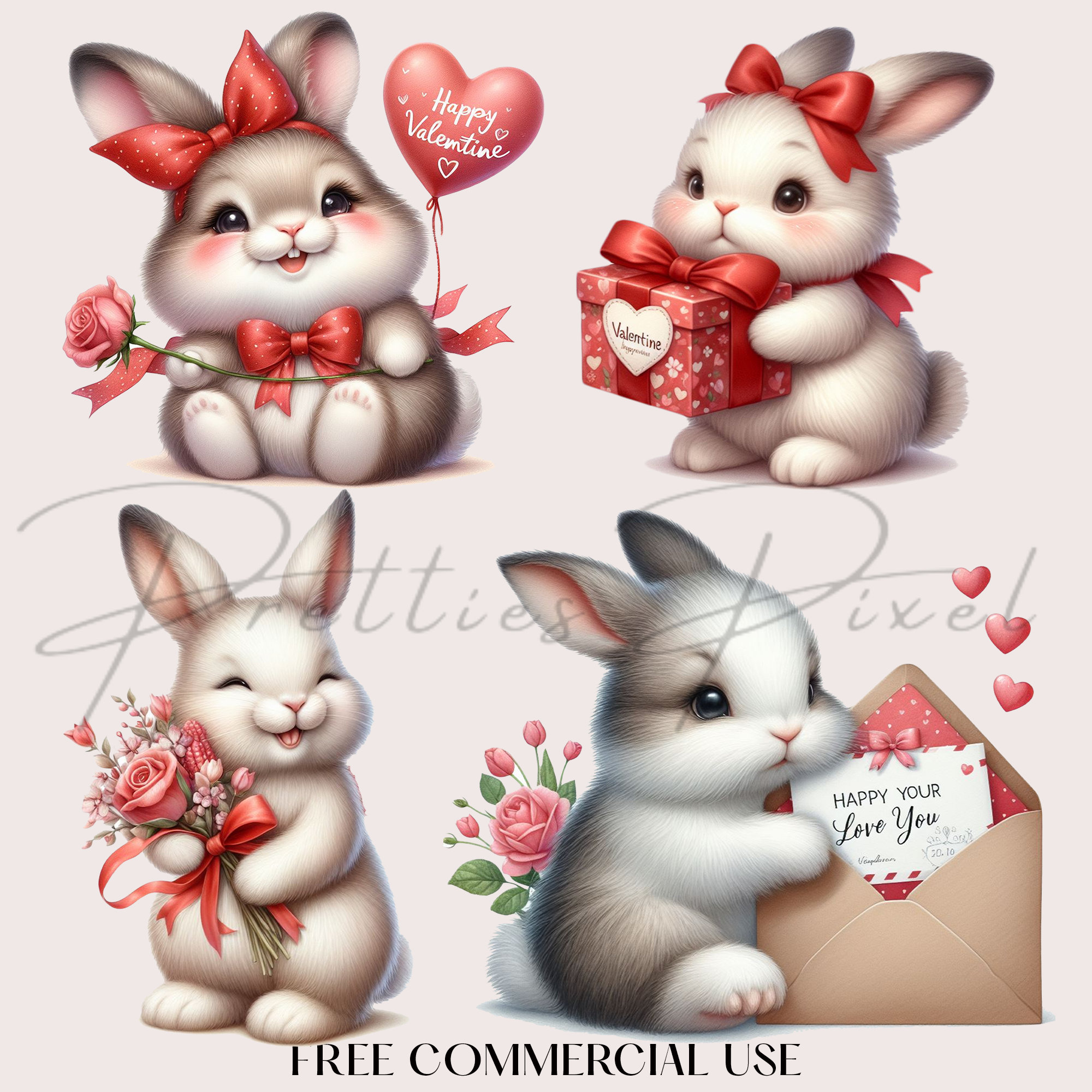 Watercolor Valentines Bunnies Clipart, 11 High Quality Pngs, Valentines ...