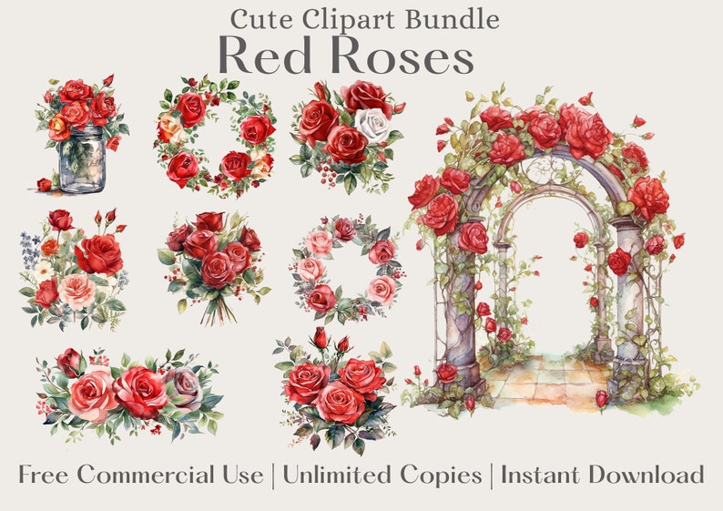 Red Roses Clipart Watercolor Floral Clipart Red Flowers Floral Clipart ...