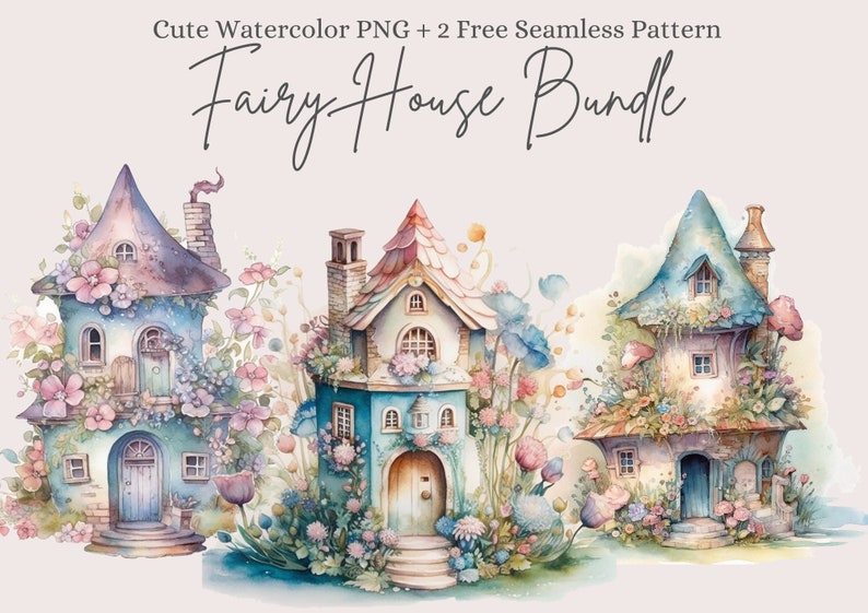 Watercolor Fairy House Clipart Cute Clipart Pastel Fantasy - Etsy