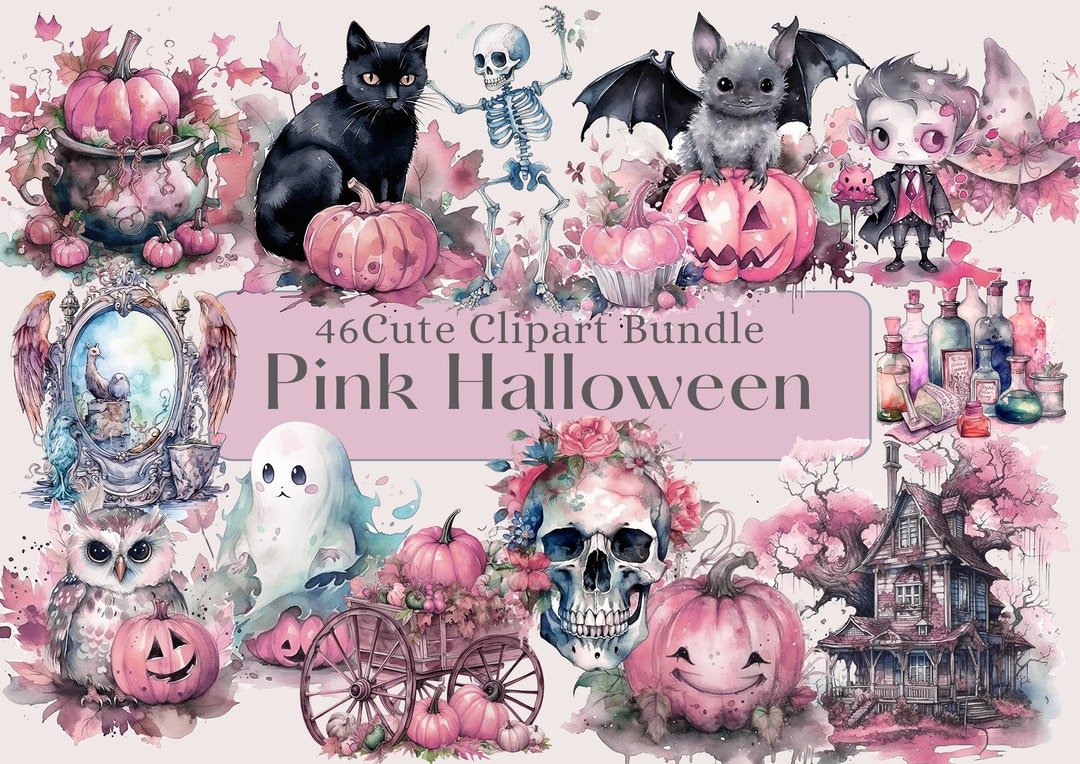 Pink Halloween Watercolor Clipart PNG Bundle, Witch and Wizard Png ...