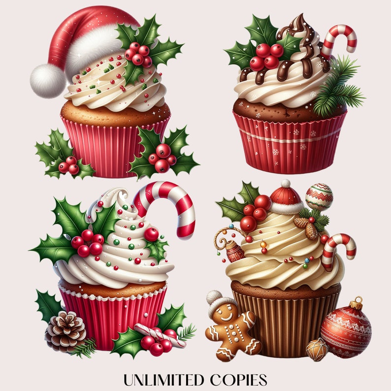 Christmas Cupcake Clipart, Watercolor Clipart Bundle, Christmas Digital ...