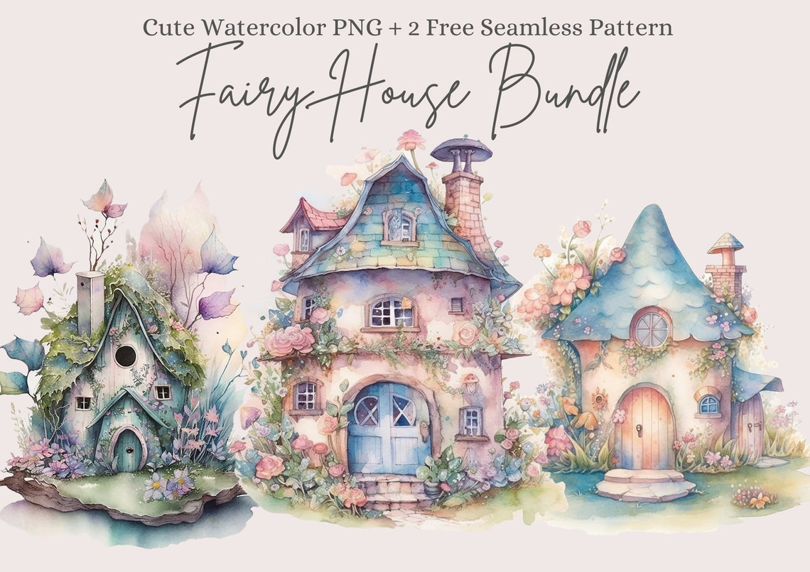 Pastel Fairy House Clipart, Cute Watercolor Clipart, Fantasy Clipart ...