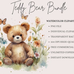 Teddy Bear Watercolor Clipart, Cute Fluffy Teddy Clipart, Baby Shower ...