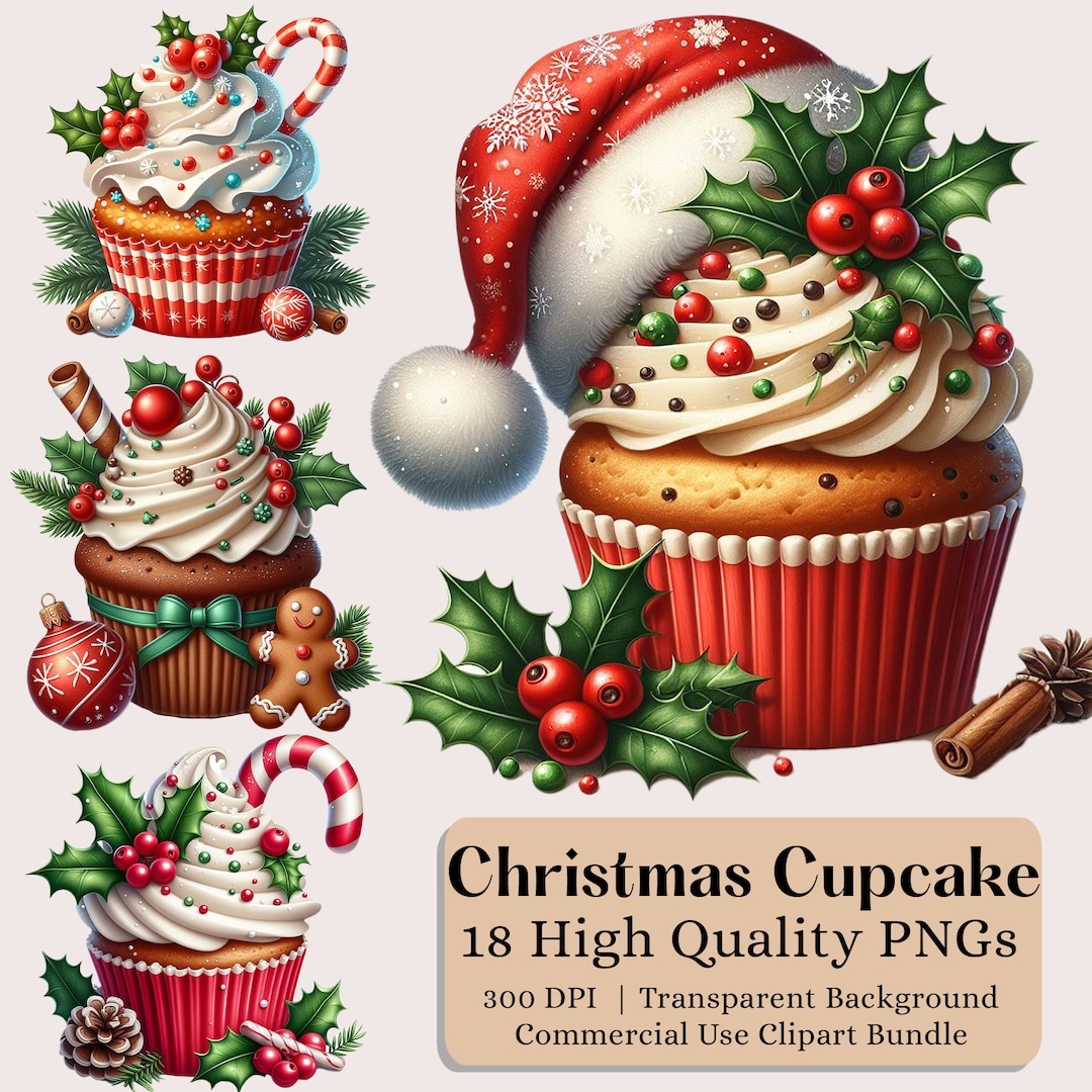 Christmas Cupcake Clipart, Watercolor Clipart Bundle, Christmas Digital ...