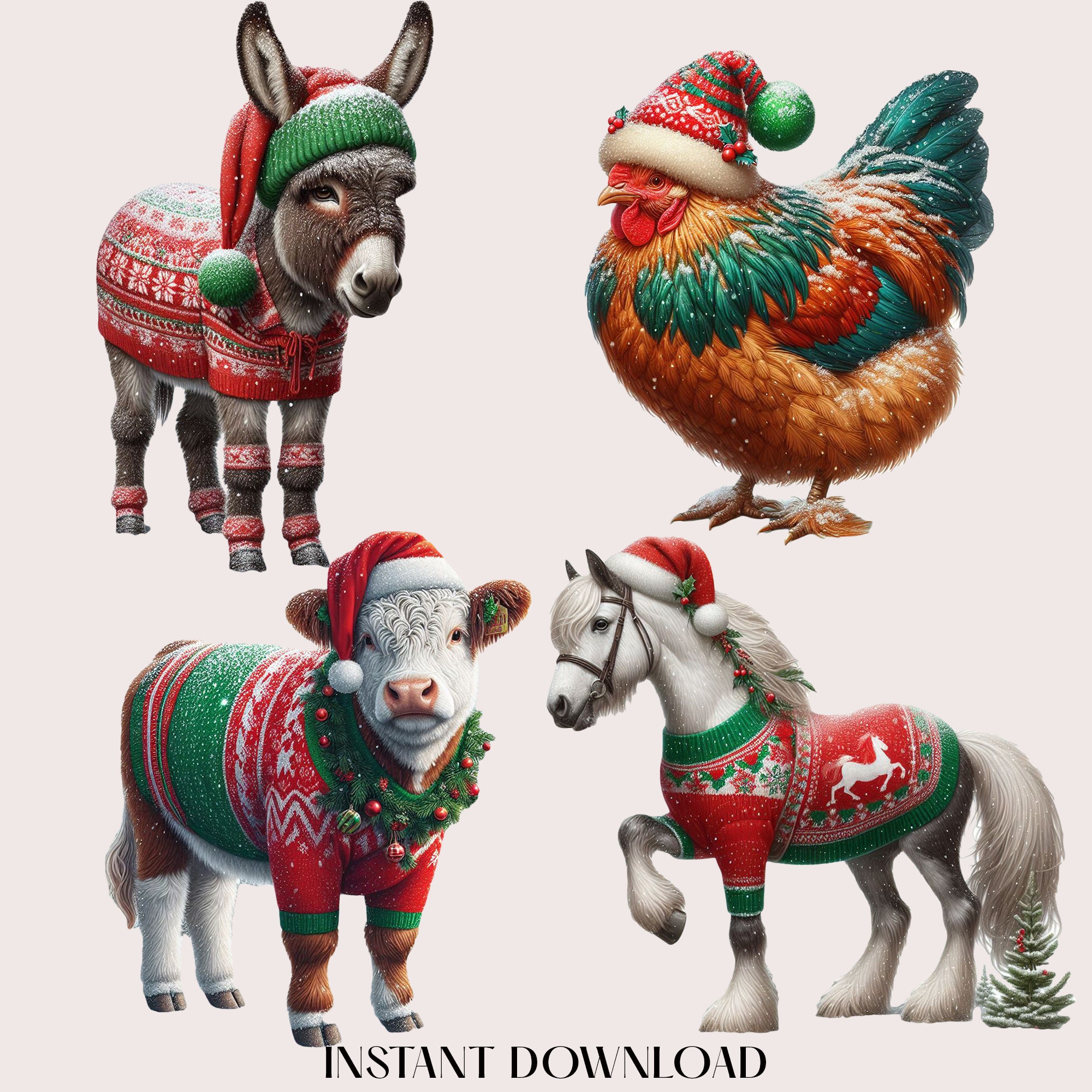 Christmas Farm Animals Watercolor Clipart Bundle, Festive Farm Images ...