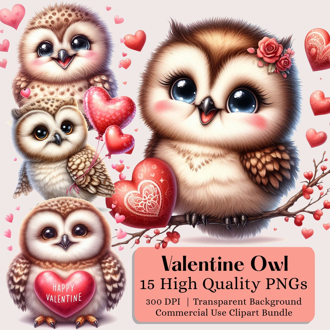 Watercolor Cute Valentines Owl Clipart, 15 High Quality Pngs ...