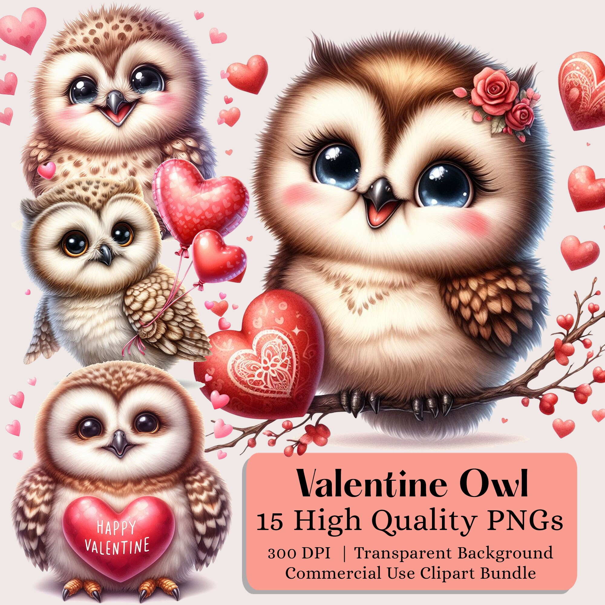 Watercolor Cute Valentines Owl Clipart, 15 High Quality Pngs ...