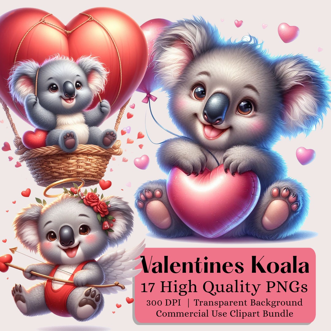 Watercolor Valentines Koala Clipart, 17 High Quality Pngs, Valentines ...