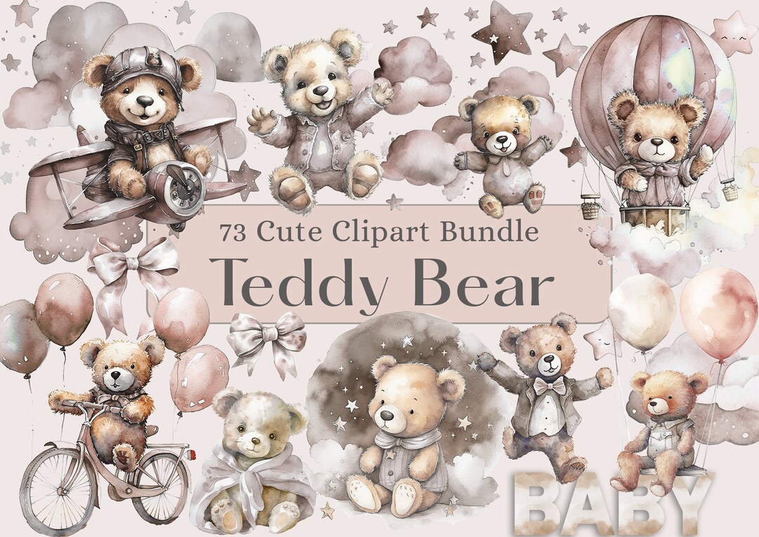 Watercolor Teddy Bear Clipart, Baby Shower for a Girl, Pink Neutral ...