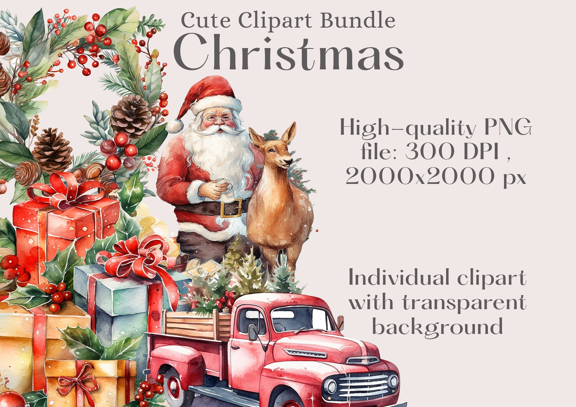 Watercolor Christmas Clipart. Christmas Truck, Snowman Clipart, Santa ...