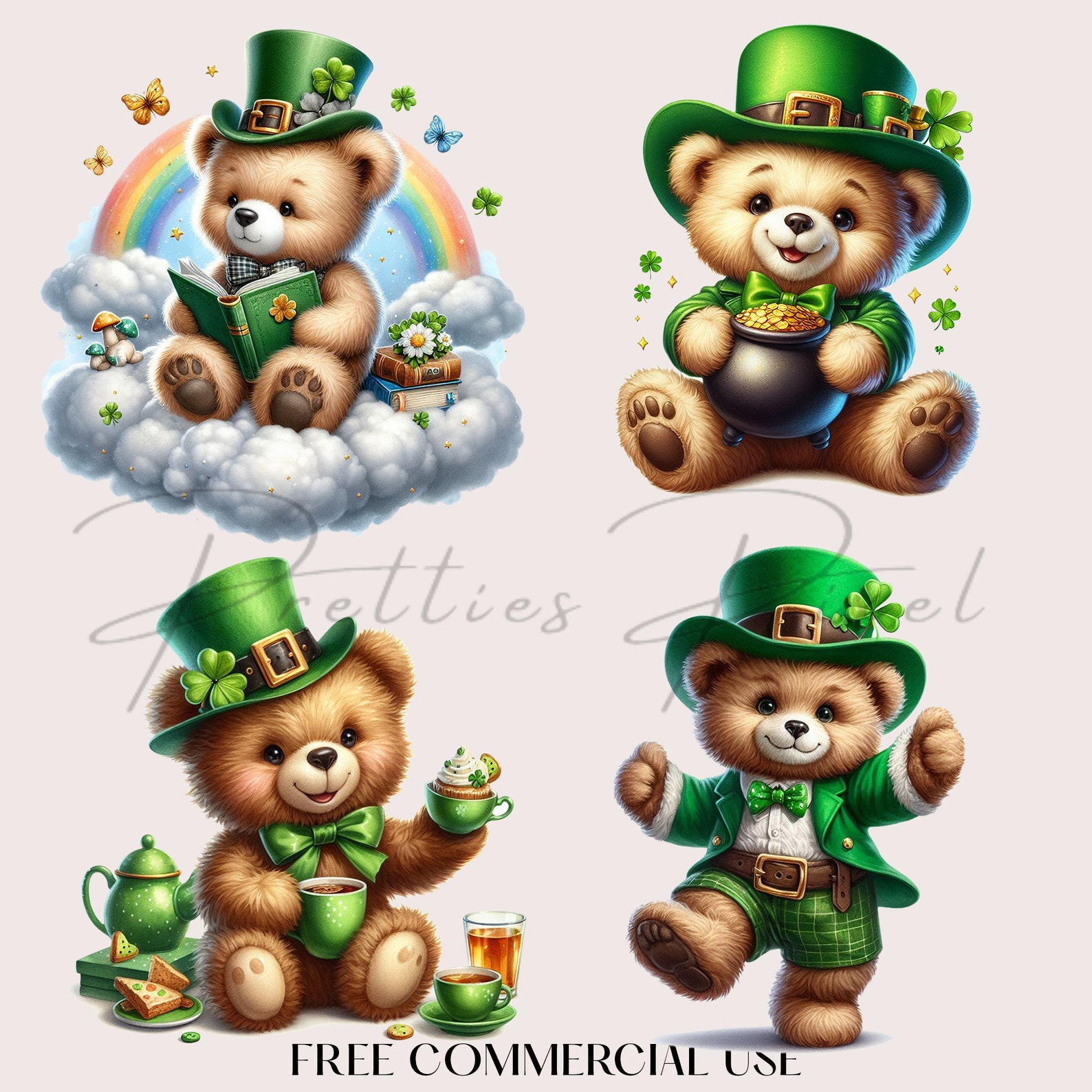 St Patrick Teddy Bear Clipart, Watercolor Teddy Bear Clipart, 14 High ...