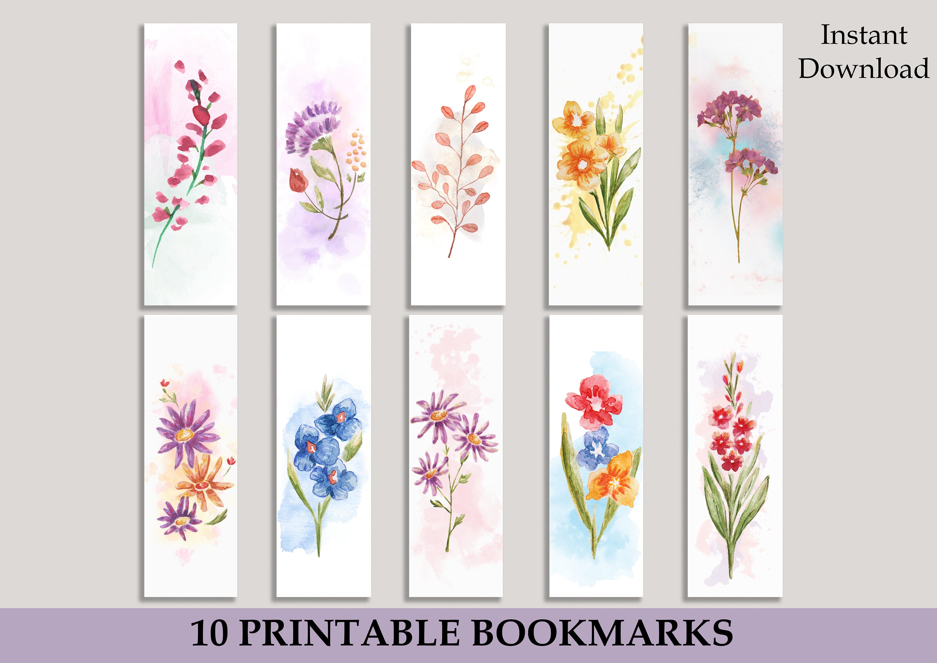 Watercolour Floral Bookmarks, Printable Bookmarks, Botanical Bookmarks ...