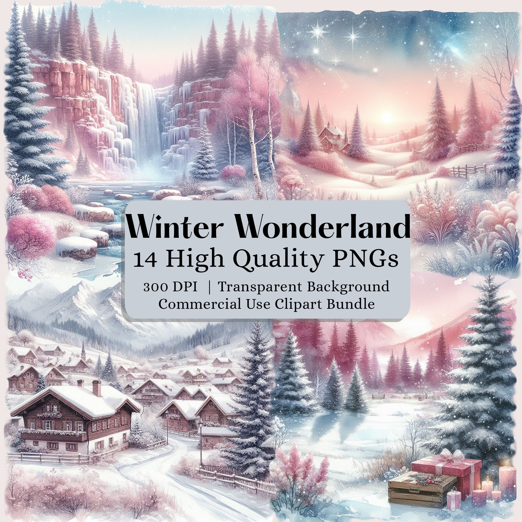 Watercolor Winter Wonderland, Pink Christmas Clipart, Winter Landscape ...
