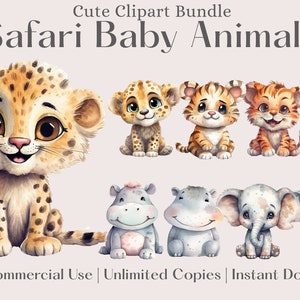 Safari Baby Animals Watercolor Clipart - Cute Baby Shower Nursery Decor ...
