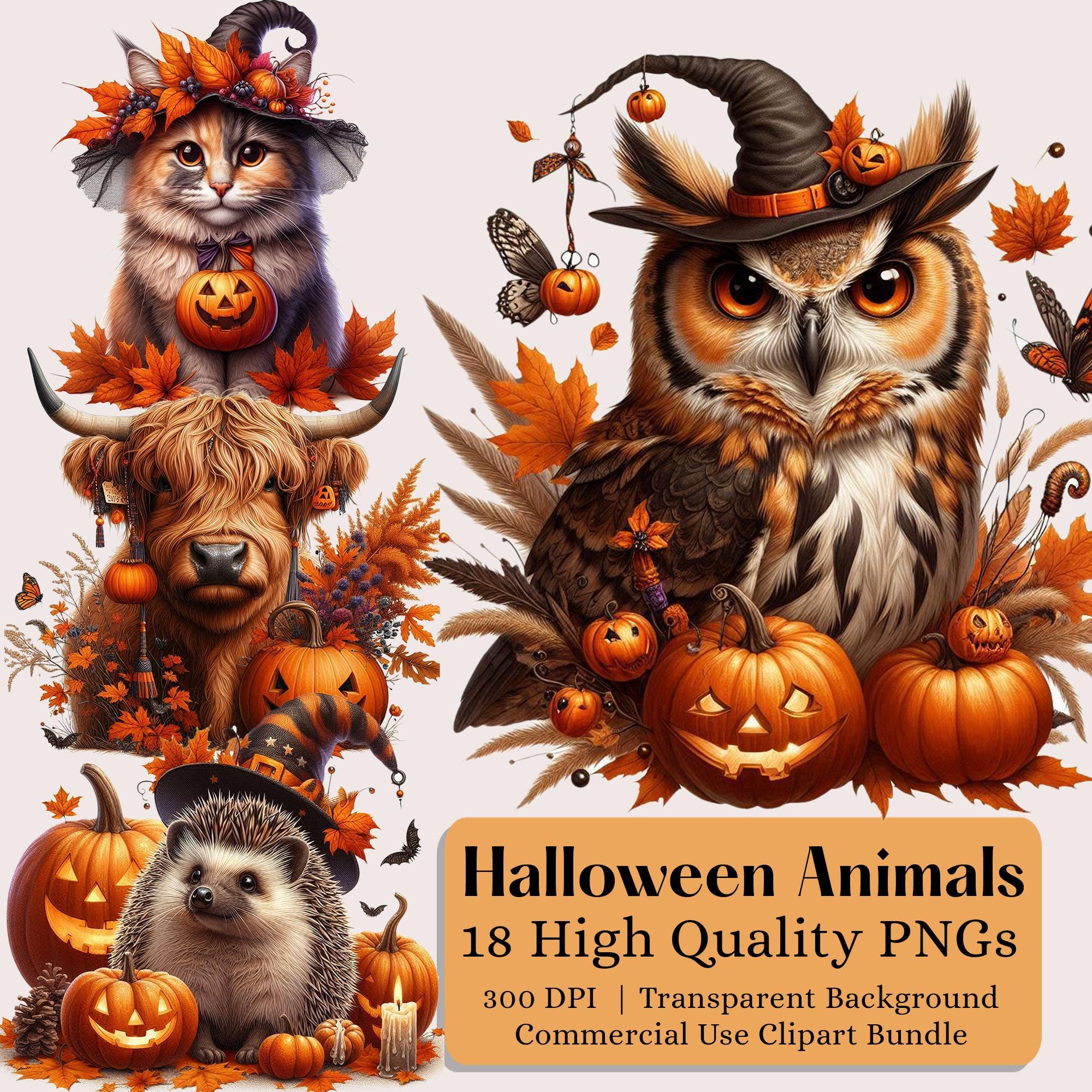 Watercolor Halloween Animals Clipart PNG Bundle, 20 PNG Halloween ...