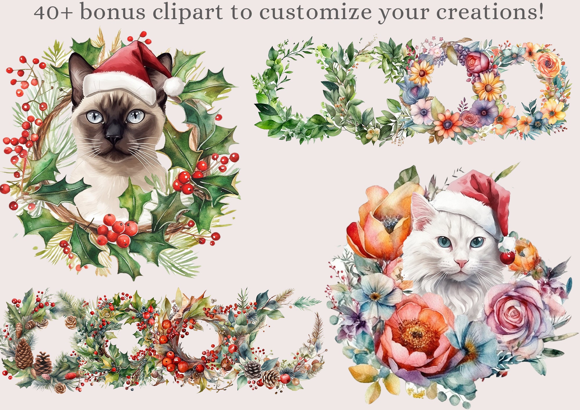 Christmas Cats Clipart Bundle, Cat Breeds PNG, Watercolor Cat Clipart ...