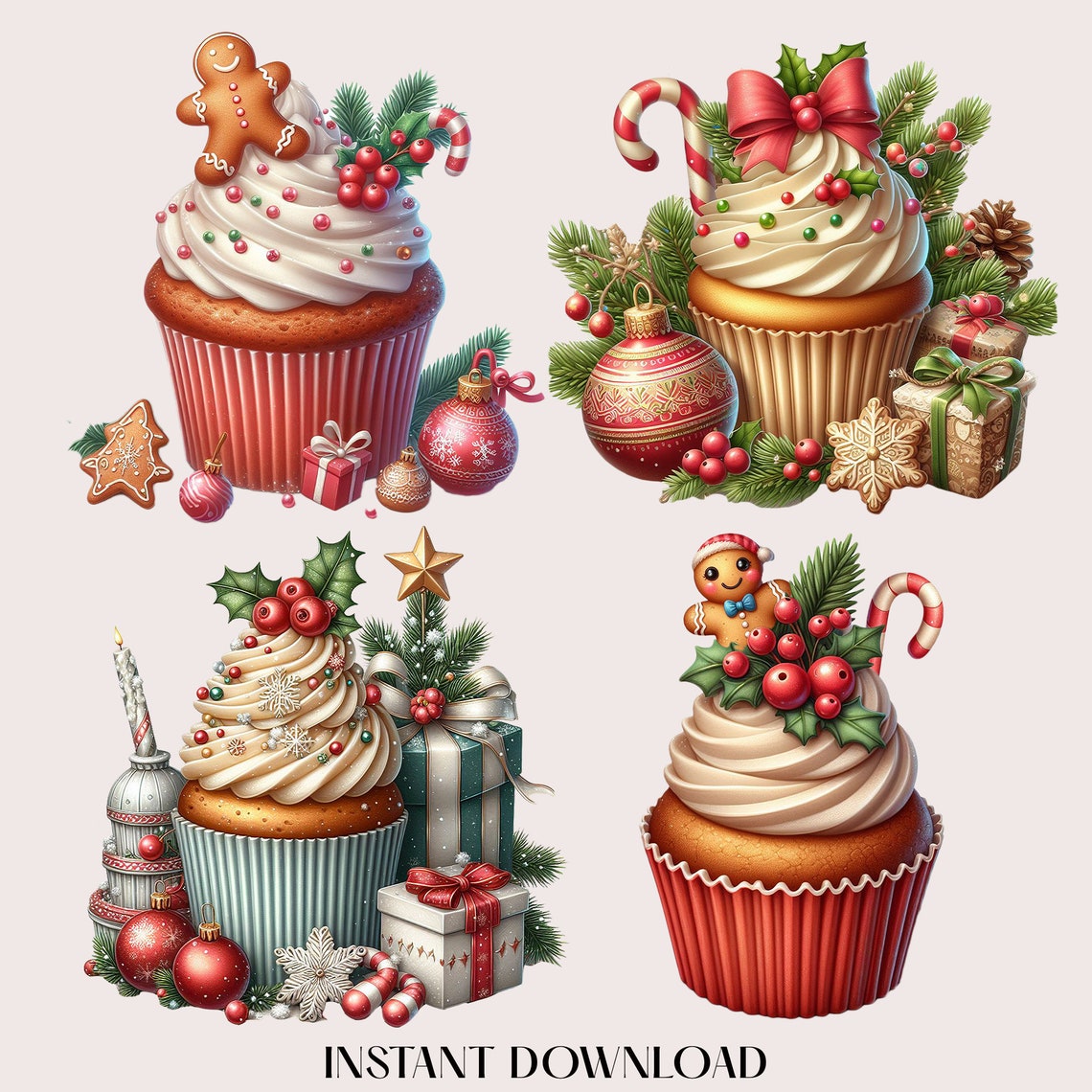 Christmas Cupcake Clipart, Watercolor Clipart Bundle, Christmas Digital ...
