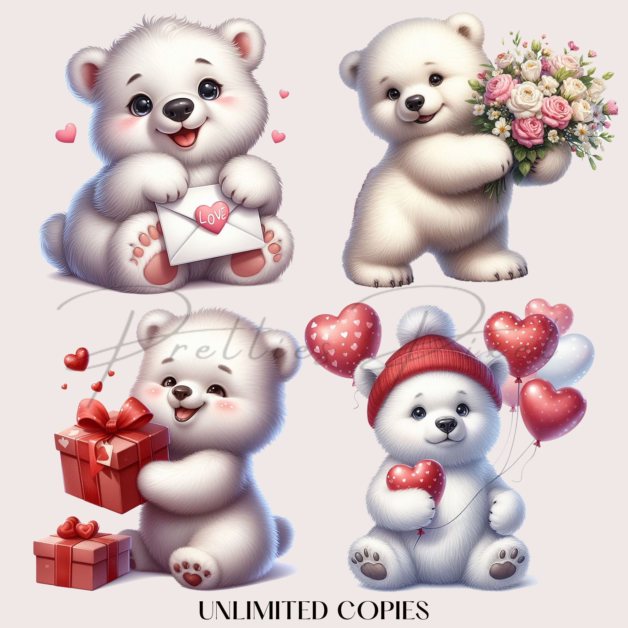 Watercolor Valentines Polar Bear Clipart, 15 High Quality Pngs ...