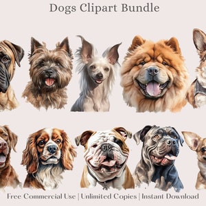 Dog Clipart Bundle, 100 Dog Breeds PNG Images, Watercolor Dog Clipart ...