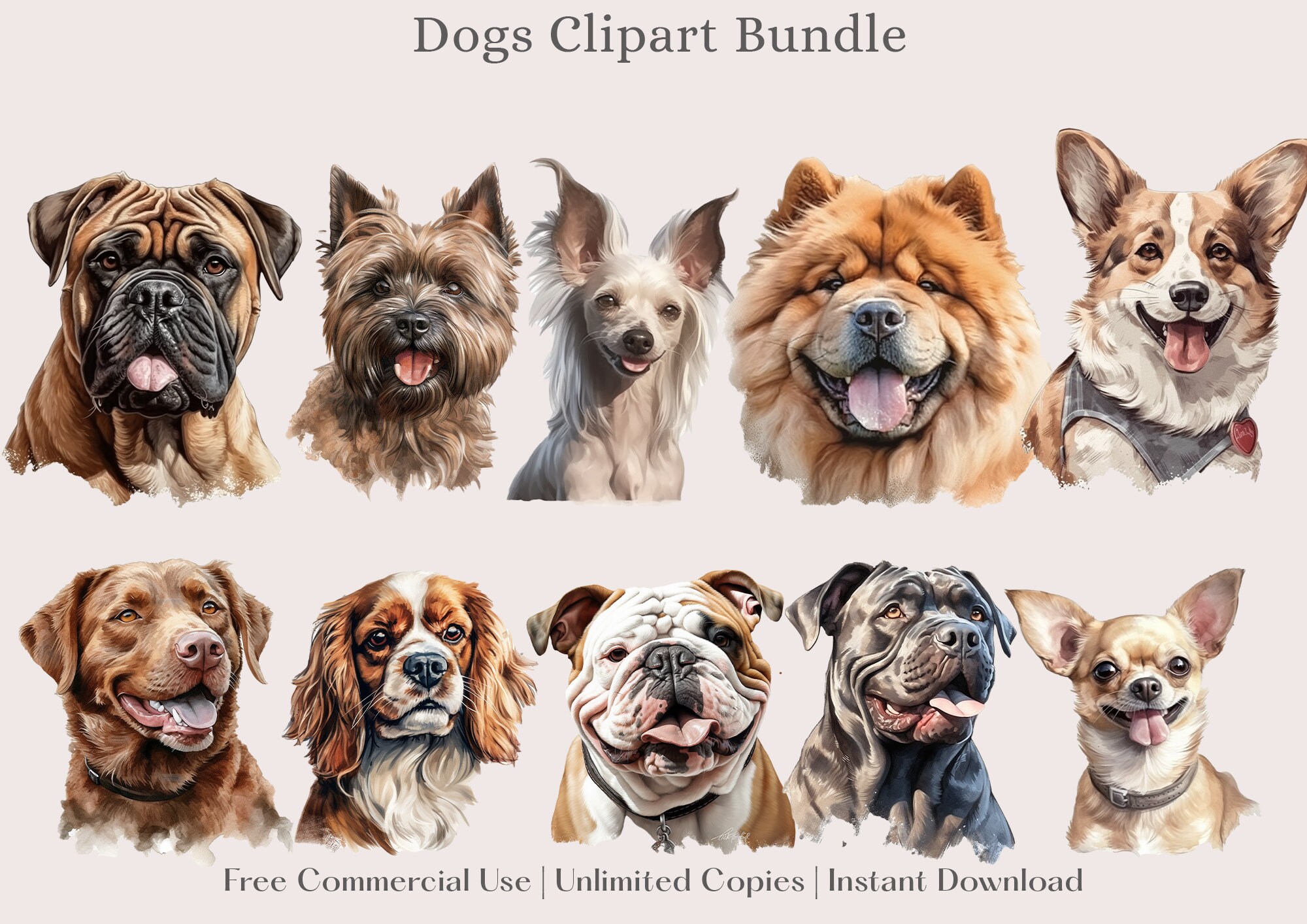 Dog Clipart Bundle, 100 Dog Breeds PNG Images, Watercolor Dog Clipart ...