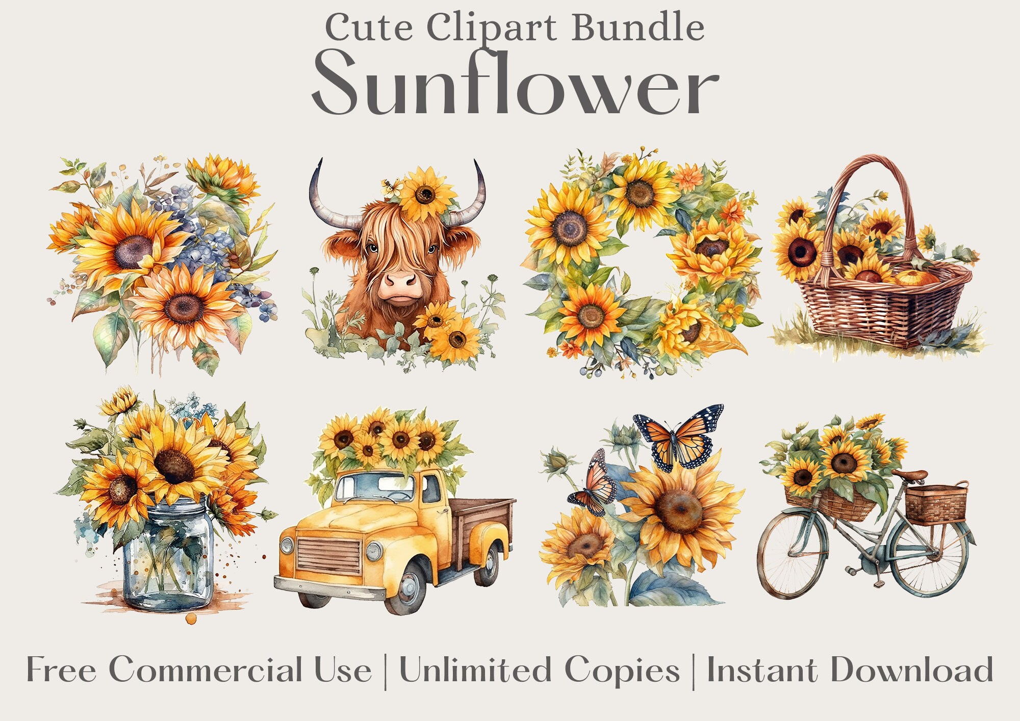 Watercolor Sunflower Clipart Bundle, Sunflower Clipart, Fall ...