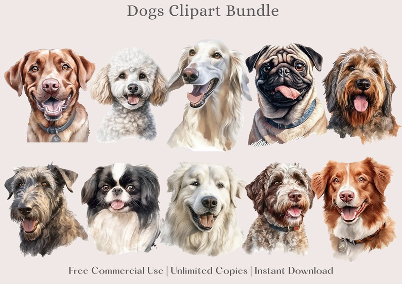 Dog Clipart Bundle, 100 Dog Breeds PNG Images, Watercolor Dog Clipart ...