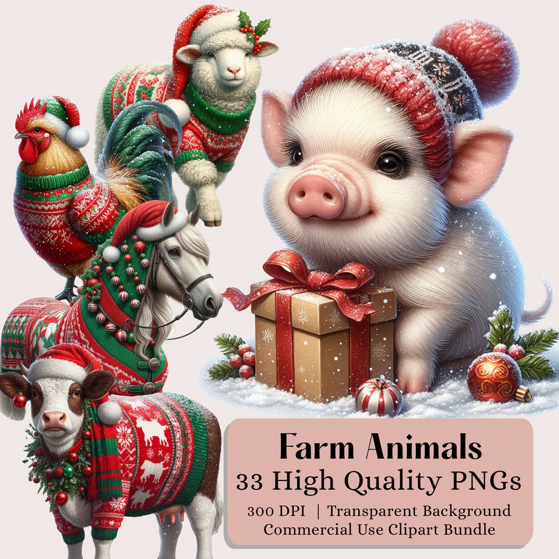 Christmas Farm Animals Watercolor Clipart Bundle, Festive Farm Images ...