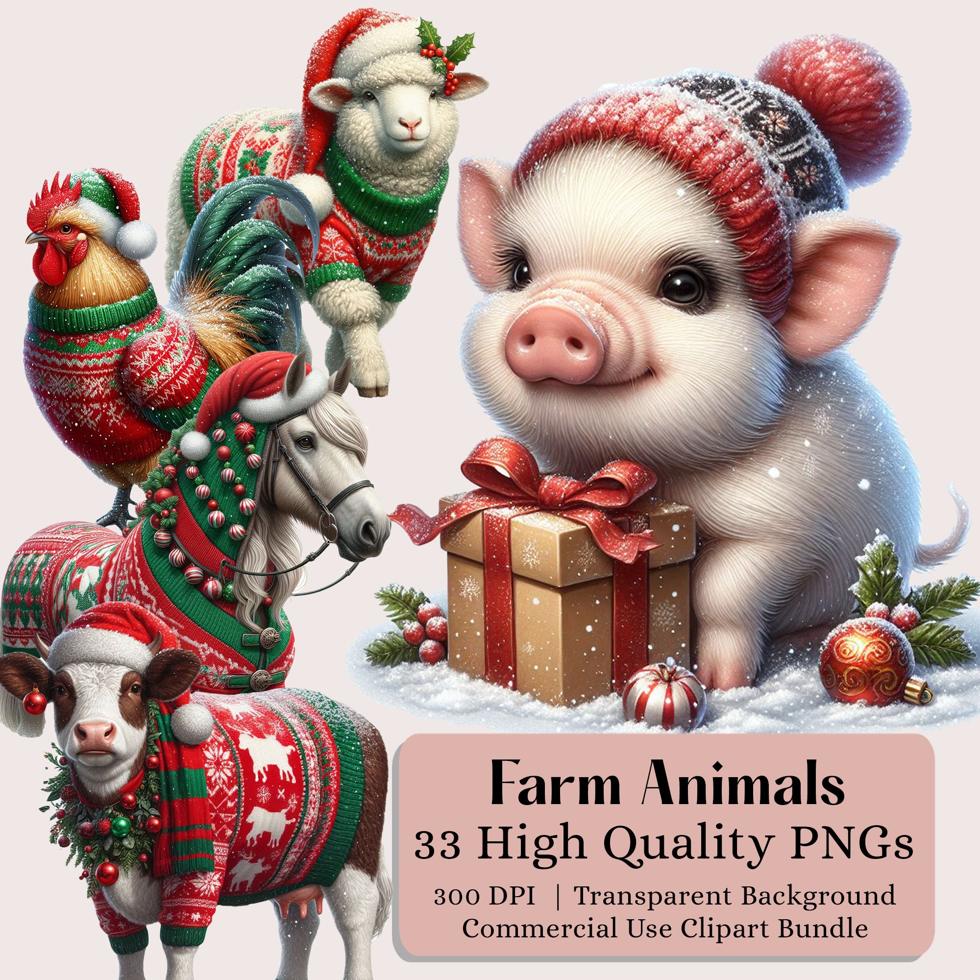Christmas Farm Animals Watercolor Clipart Bundle, Festive Farm Images ...