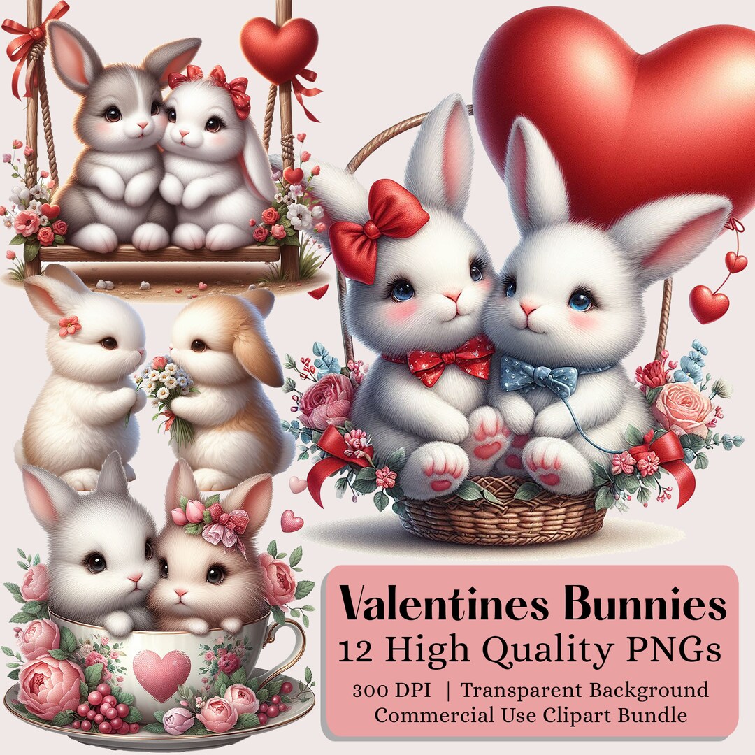 Watercolor Valentines Bunnies Clipart, 12 High Quality Pngs, Valentines ...
