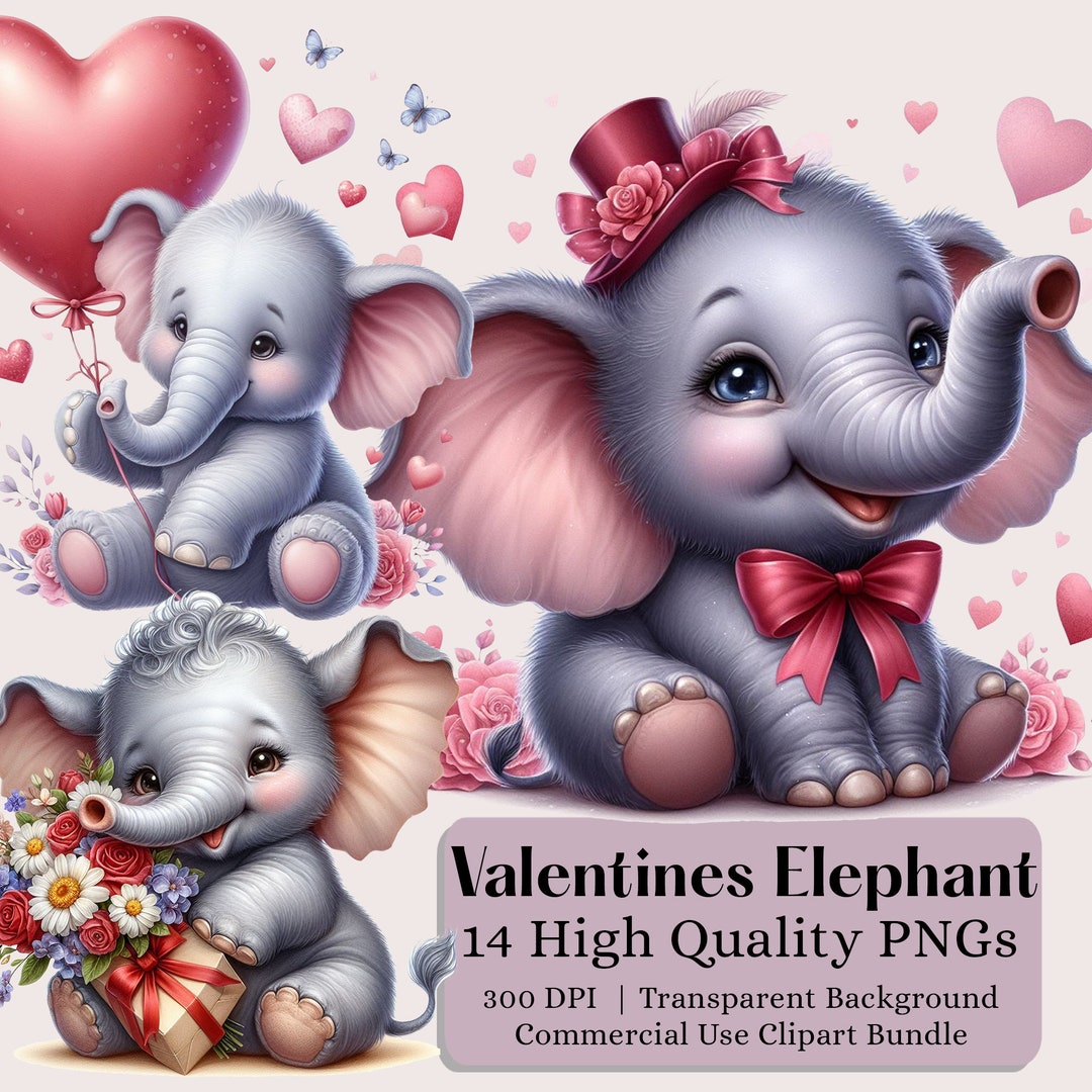 Watercolor Valentines Elephant Clipart, 11 High Quality Pngs ...