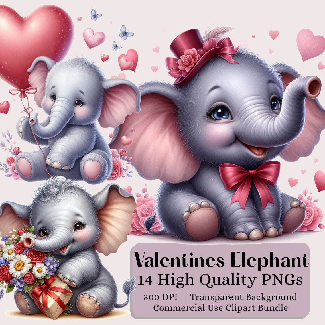 Watercolor Valentines Elephant Clipart, 11 High Quality Pngs ...