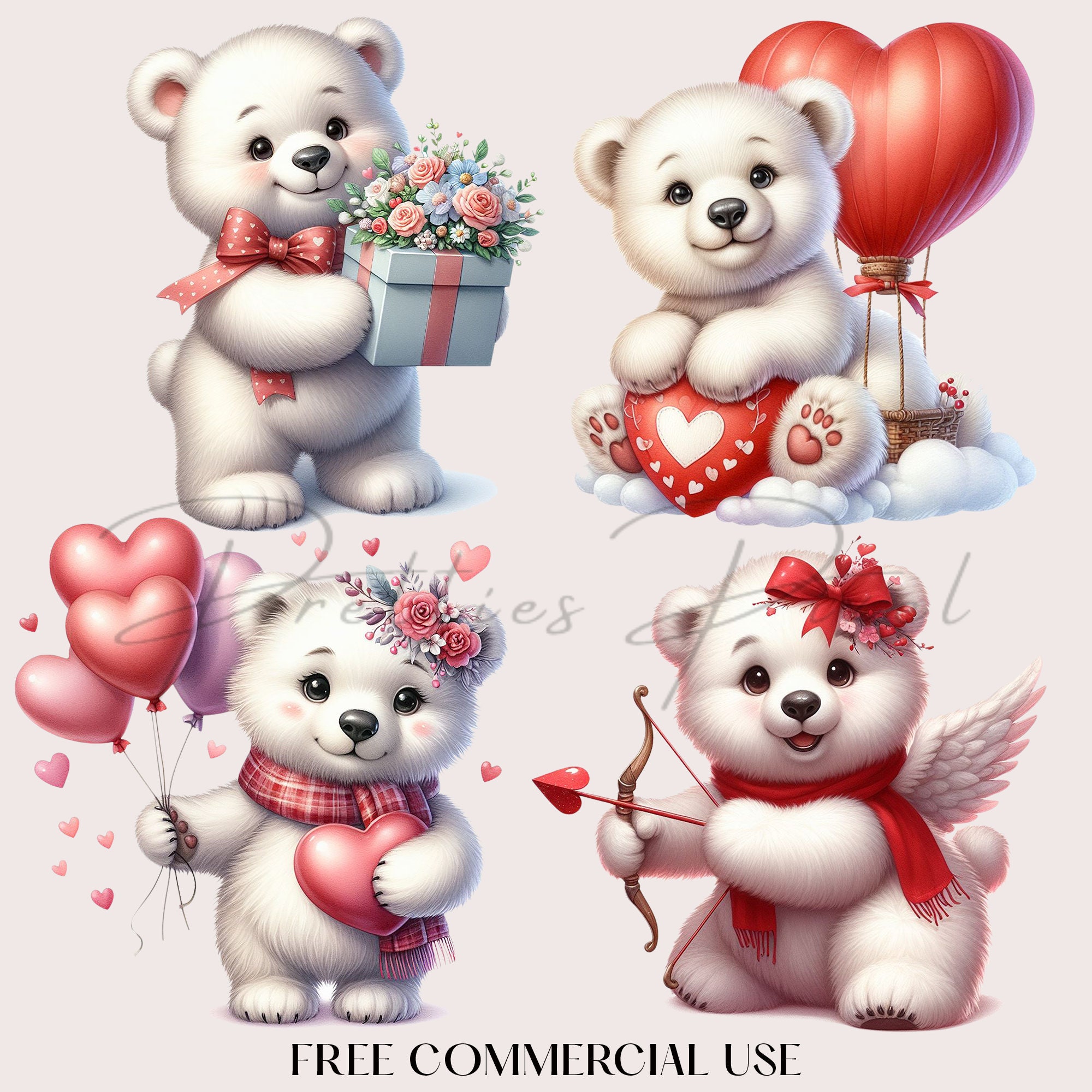 Watercolor Valentines Polar Bear Clipart, 15 High Quality Pngs ...