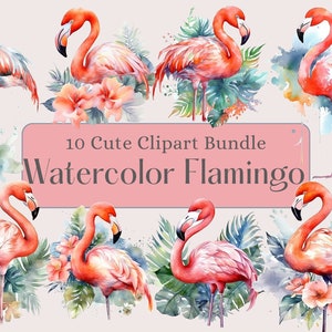 Watercolor Flamingo Clipart, Tropical Birds With Flowers and Leaves in ...
