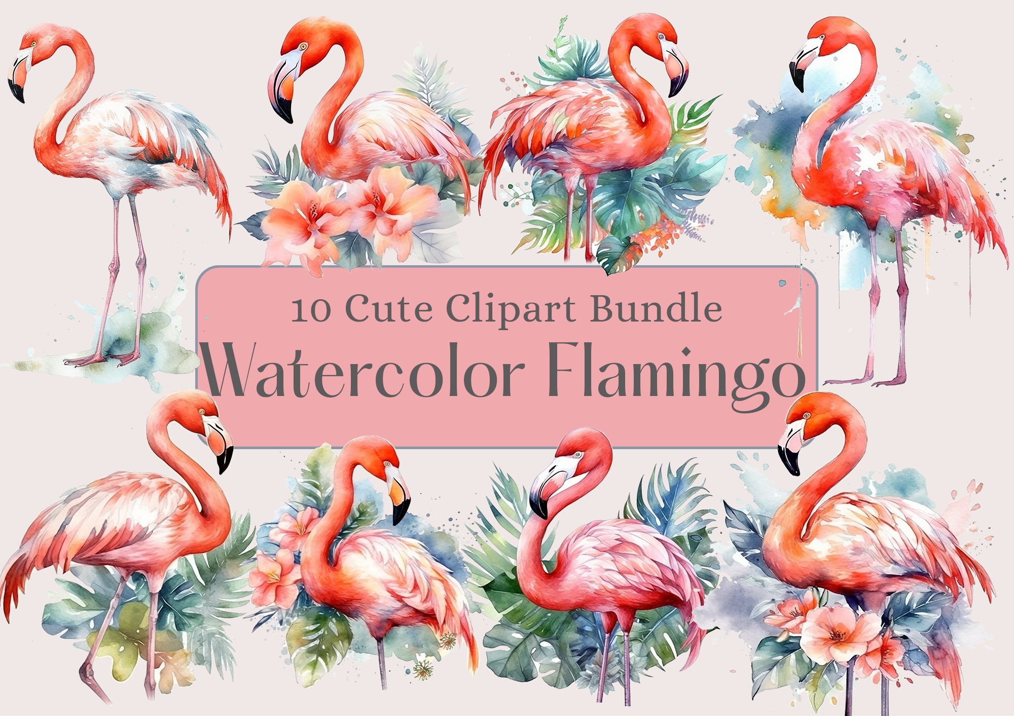 Watercolor Flamingo Clipart, Tropical Birds With Flowers and Leaves in ...