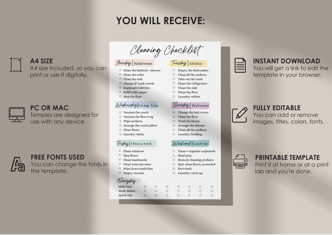 Editable Cleaning Schedule Printable Cleaning Checklist - Etsy Canada