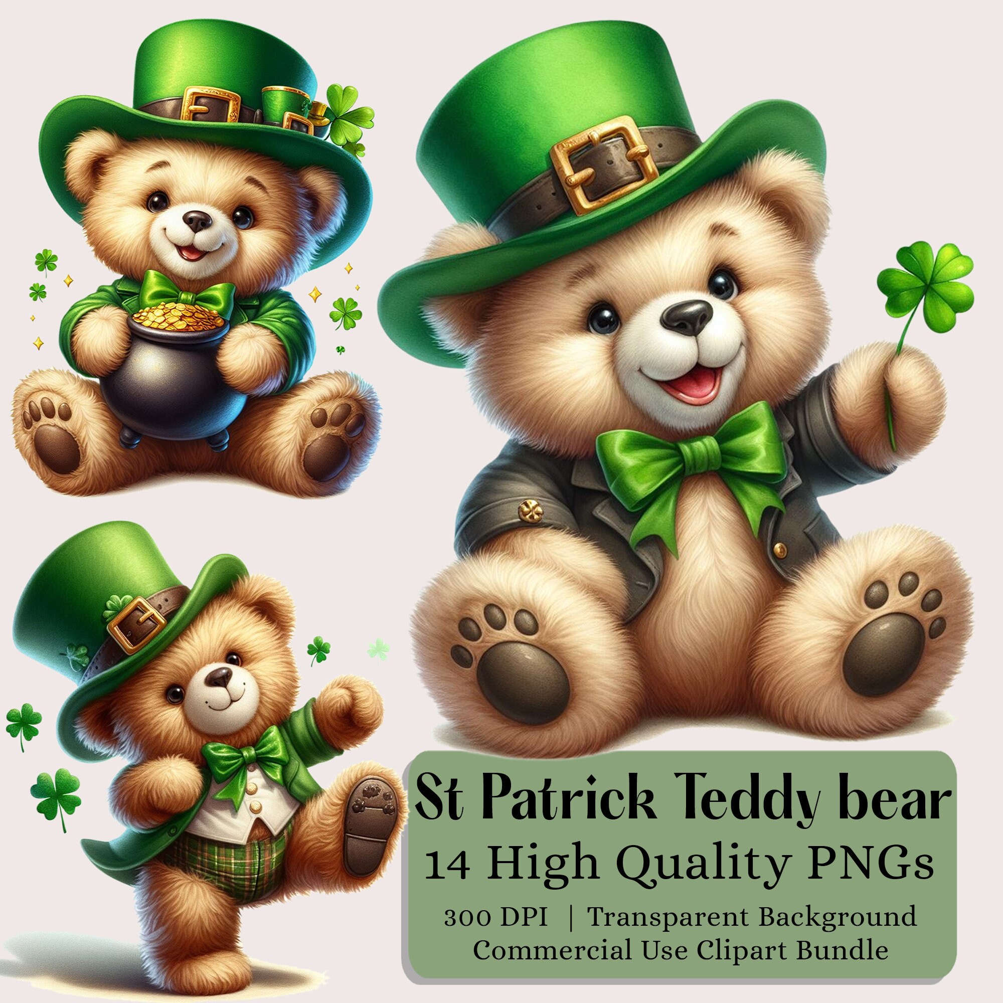 St Patrick Teddy Bear Clipart, Watercolor Teddy Bear Clipart, 14 High ...