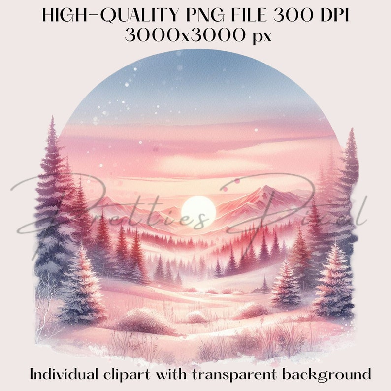 Watercolor Winter Wonderland, Pink Christmas Clipart, Winter Landscape ...